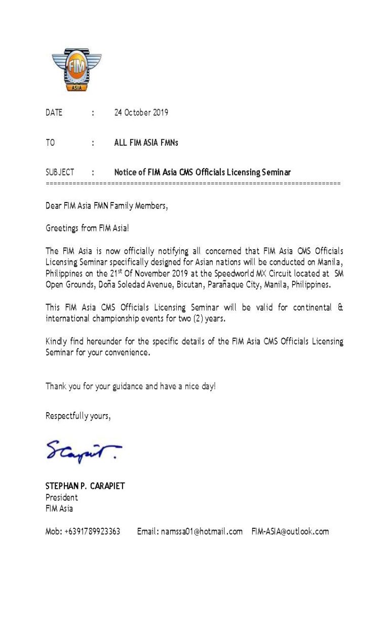 Notice of FIM Asia CMS Officials Licensing Seminar – FIM Asia Live